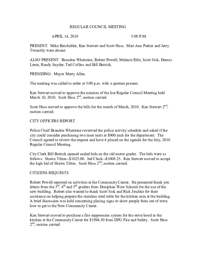 Fillable Online PRESENT: Mike Batchelder, Ken Stewart and Scott Huss ...