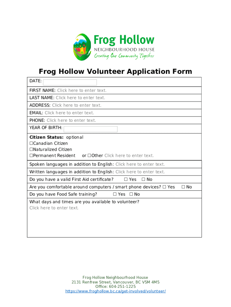 Frog Hollow Volunteer Application Doc Template | pdfFiller