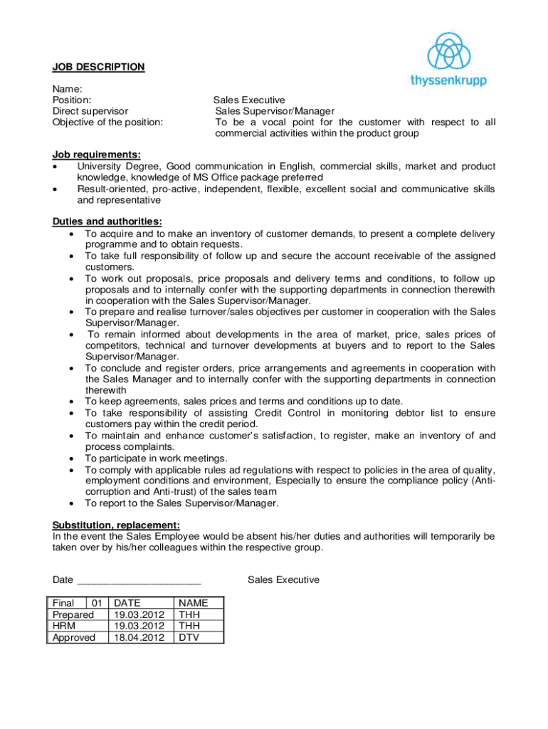 Fillable Online Sales Supervisor Job Description Sample Template Fax ...