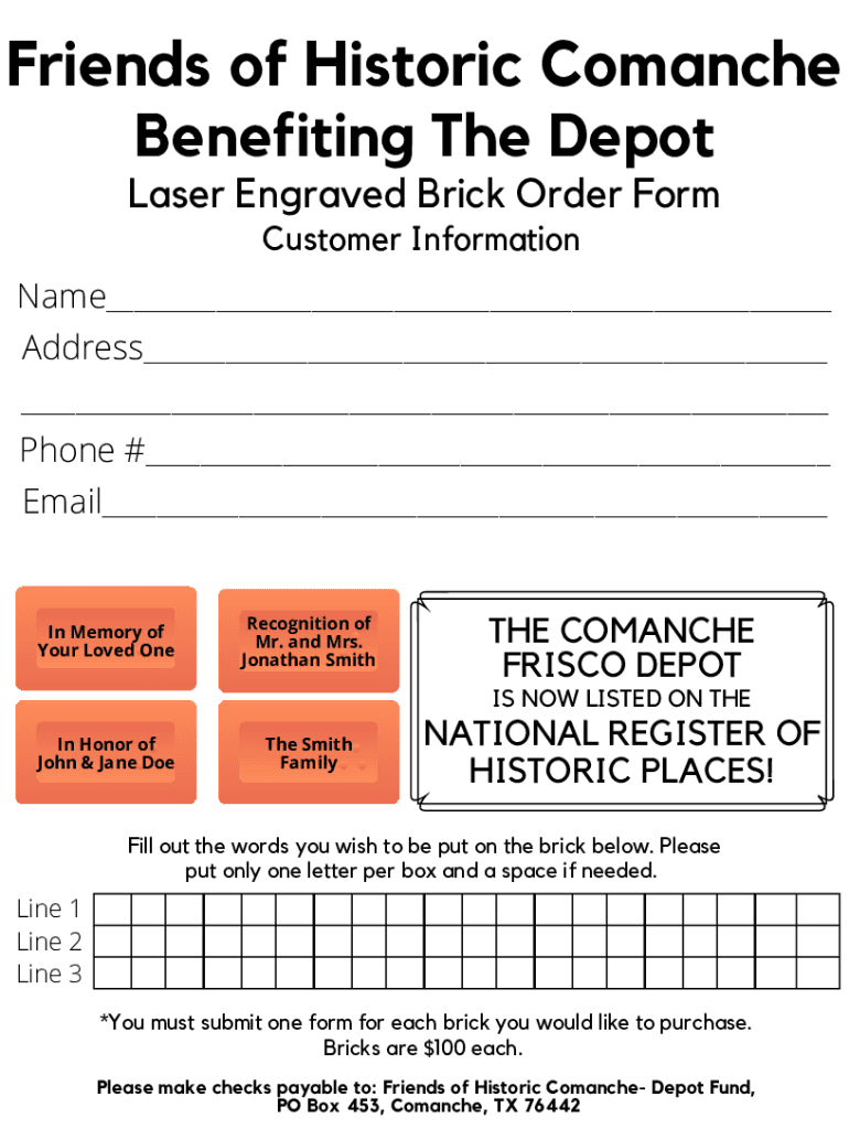 Fillable Online Benefiting The Depot - Laser Engraved Brick Order Form ...