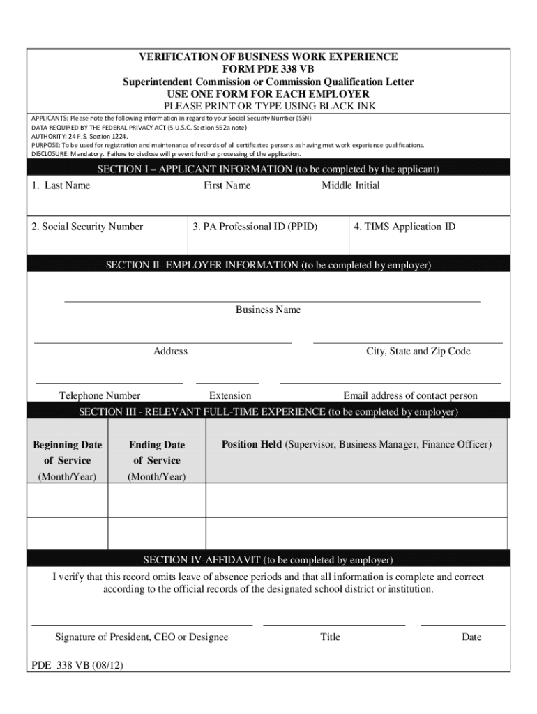 Fillable Online VERIFICATION OF EXPERIENCE FORM PDE 338 V Use ... Fax ...