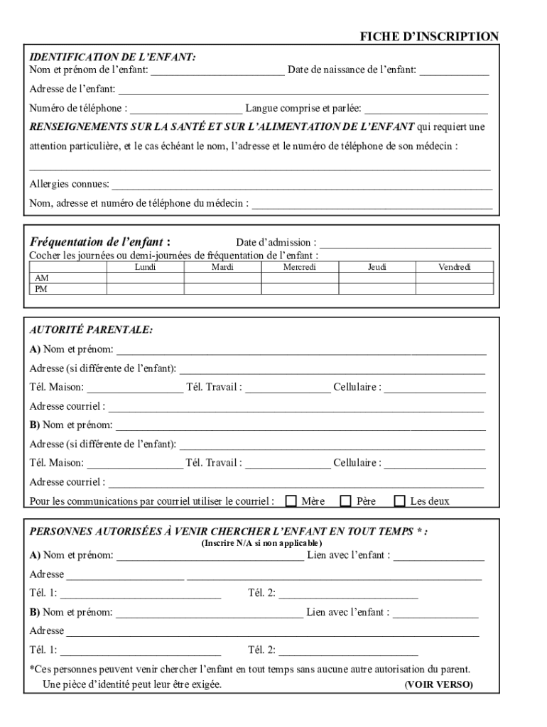 Remplissable En Ligne FICHE D'INSCRIPTION Frquentation de l'enfant : Fax Email Imprimer - pdfFiller