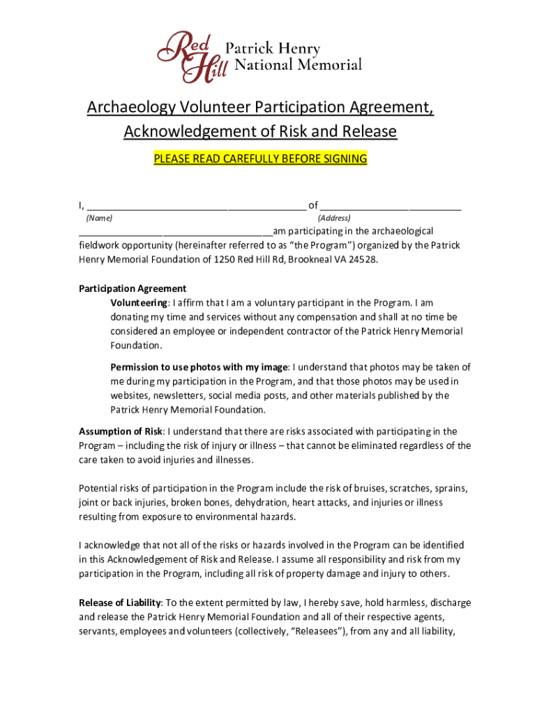 Fillable Online Volunteer-Participation-Agreement-Acknowledgement-of ...