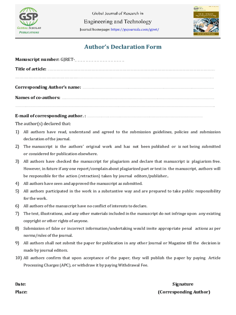 Fillable Online Author Declaration Form Brain Imaging and Behavior Fax Email Print - pdfFiller