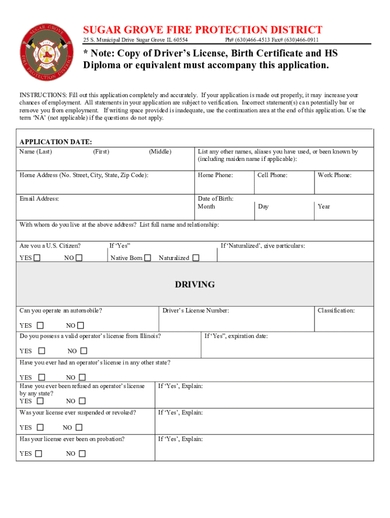 Fillable Online Sugar Grove Fire Protection District - 25 Municipal Dr ...