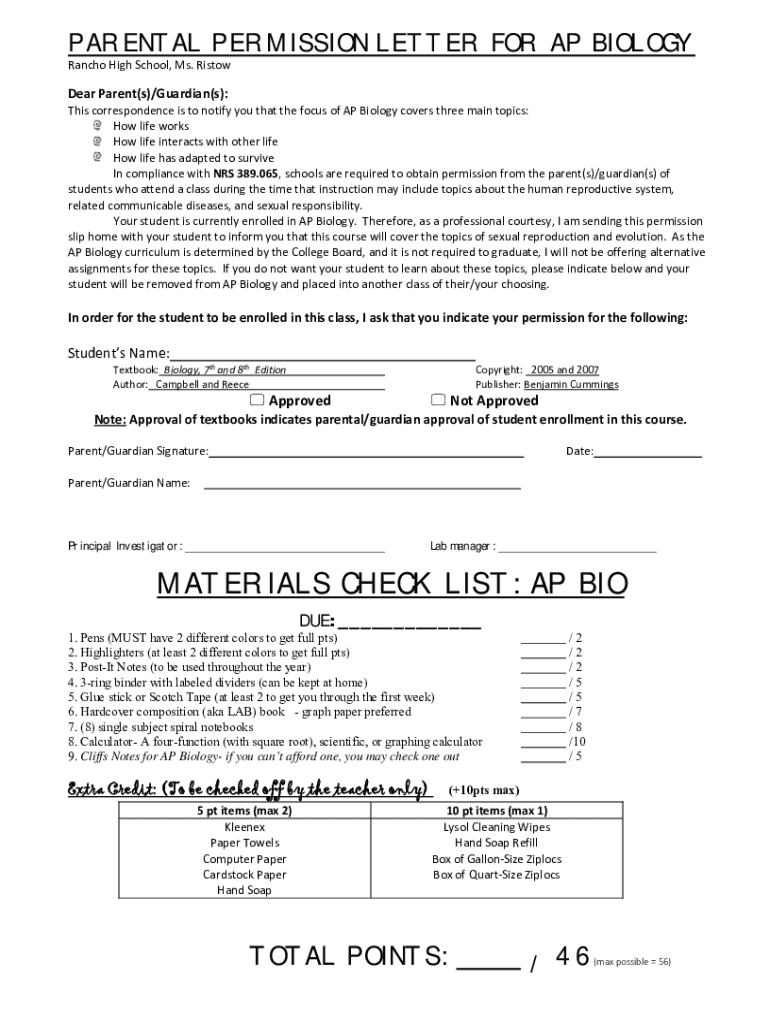 Fillable Online Parental Permission Letter for AP Bio AND Materials ...