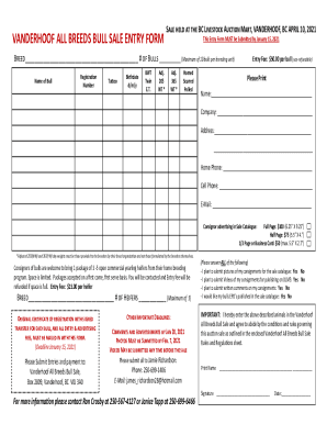 Fillable Online VANDERHOOF ALL BREEDS BULL SALE ENTRY FORM Fax Email ...