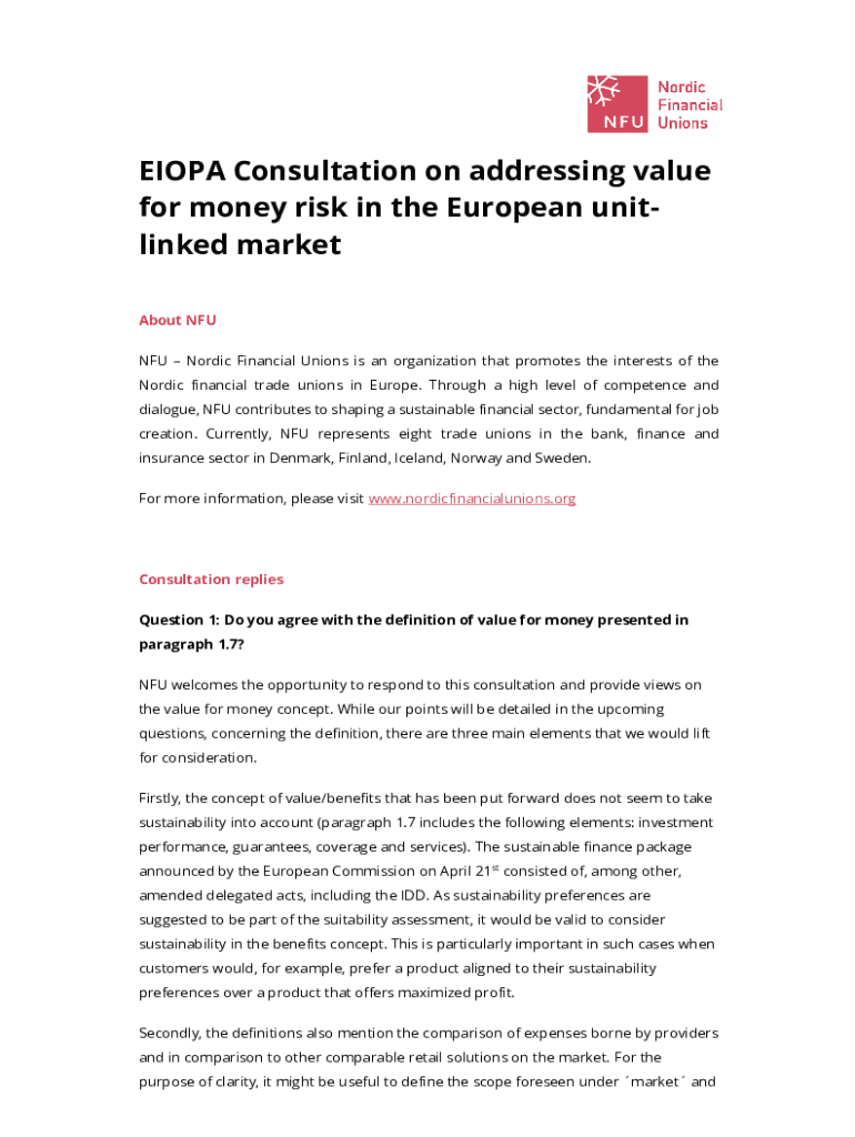 Fillable Online EIOPA consults on framework to address value for money ...