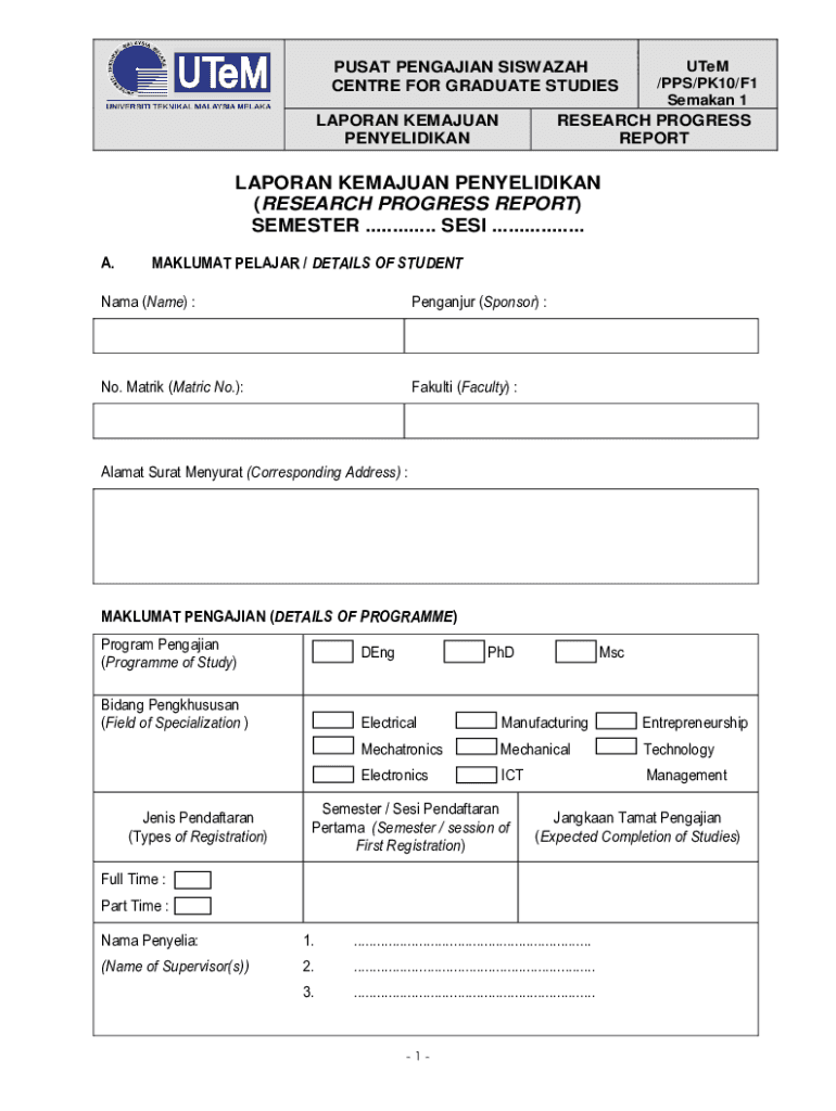 Fillable Online laporan kemajuan penyelidikan research progress report ...