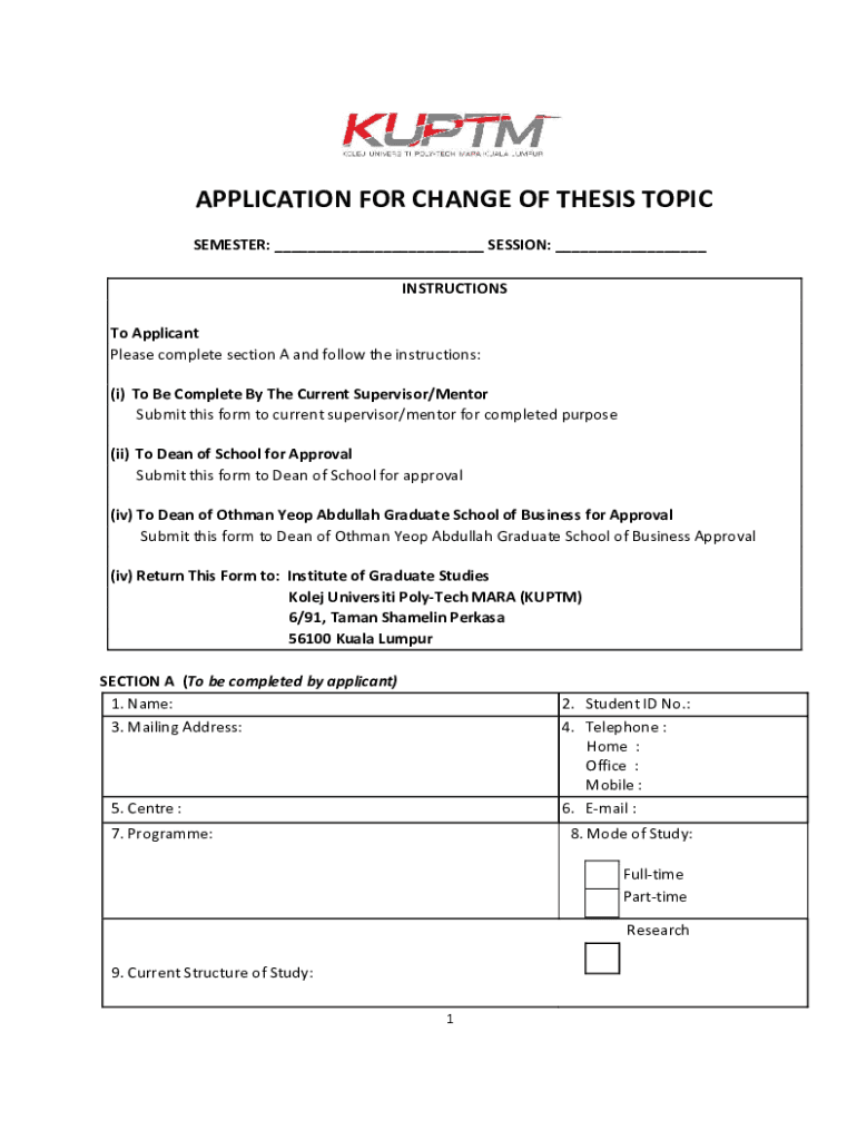 Fillable Online Application for Change of Thesis Topic Form Fax Email ...