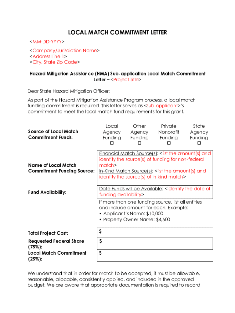 Fillable Online Approval of match commitment letter for FEMA Hazard ...