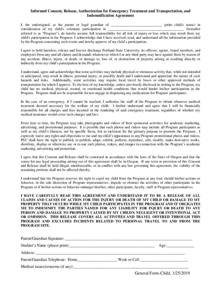 Fillable Online Informed Consent, Release, Authorization for Emergency ...