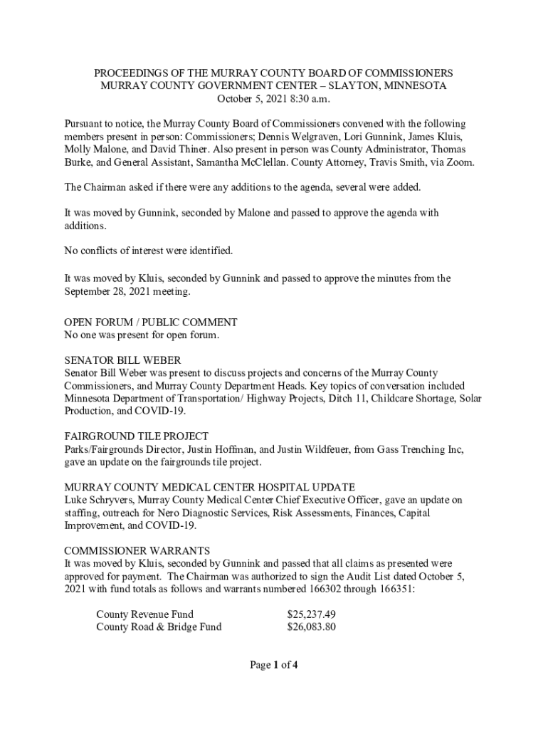 Fillable Online of 4 PROCEEDINGS OF THE MURRAY COUNTY BOARD ... Fax Email Print - pdfFiller