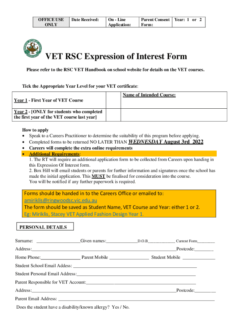 Fillable Online VET RSC Expression of Interest Form Fax Email Print ...