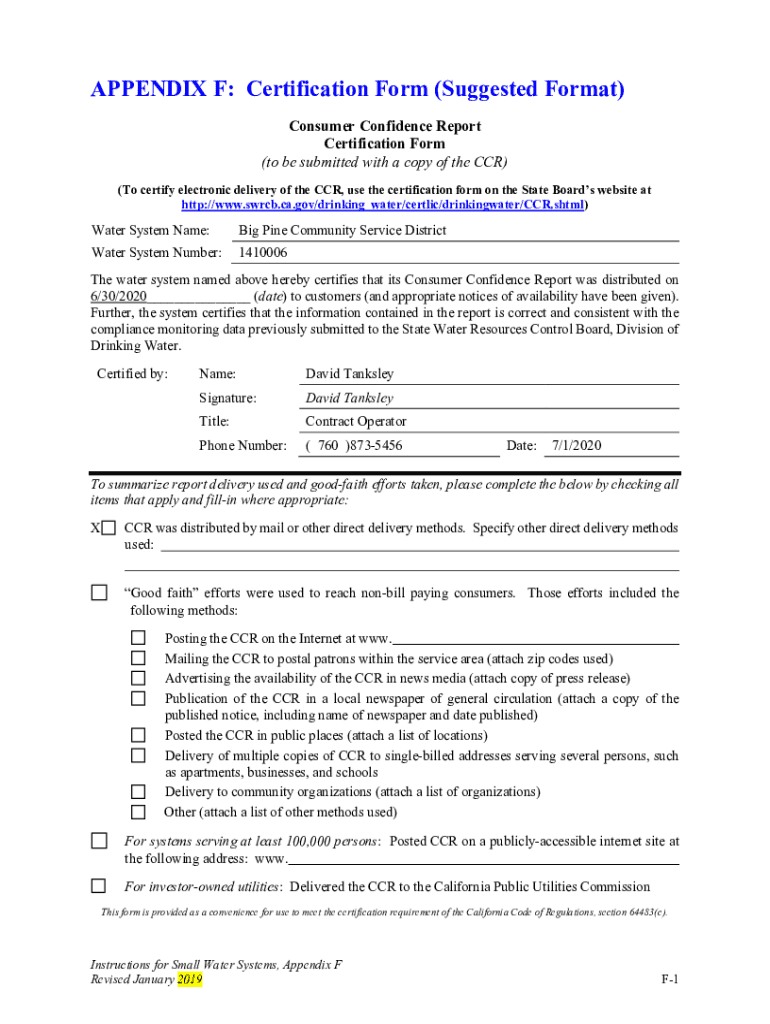 Fillable Online APPENDIX F: CCR Certification Form (Suggested Format ...