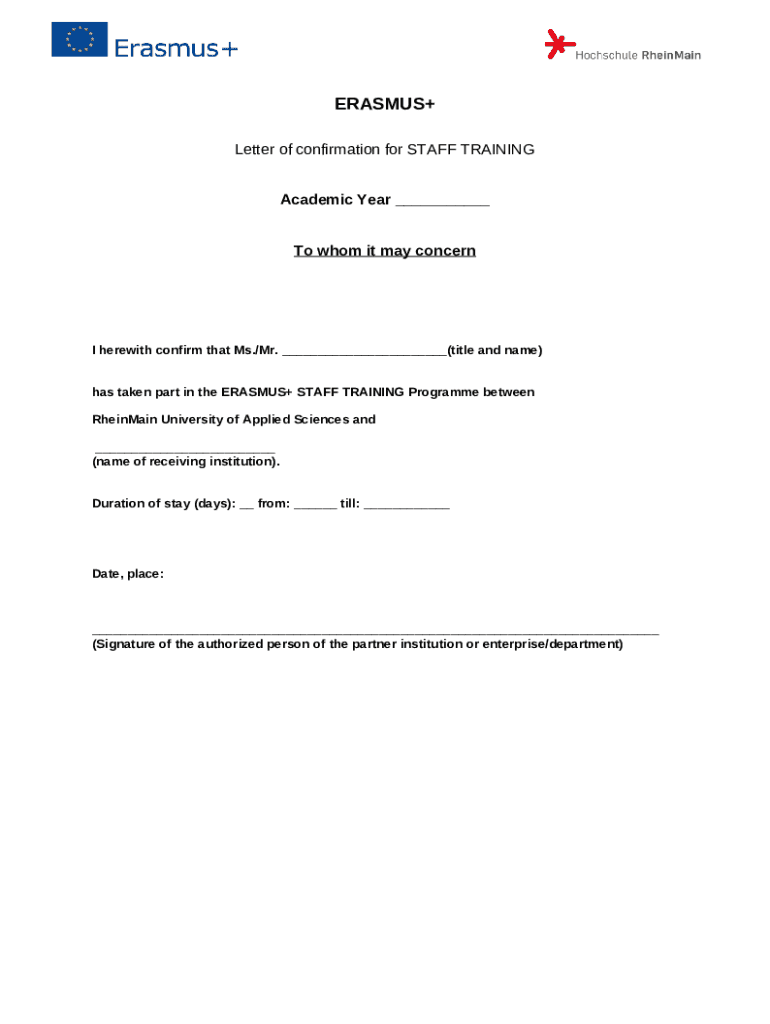 ERASMUS Letter of Confirmation for STAFF Mobility Doc Template | pdfFiller