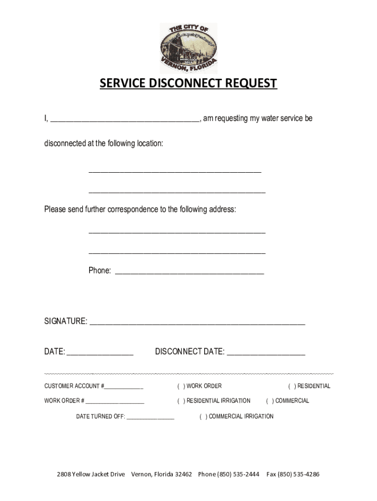 Fillable Online SERVICE DISCONNECT REQUEST Vernon, Florida Fax Email ...
