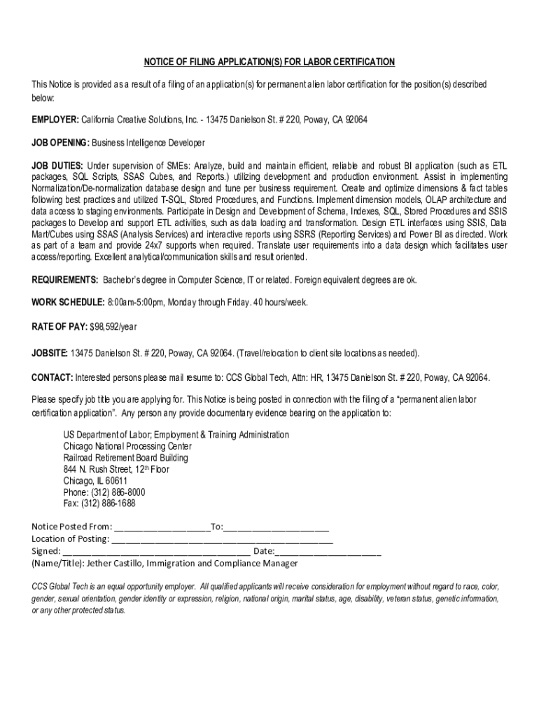 Fillable Online Notice of Filing Application(s) for Labor Certification Fax Email Print - pdfFiller