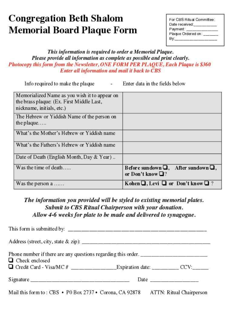 Fillable Online Memorial Board Plaques - Form Fax Email Print - pdfFiller