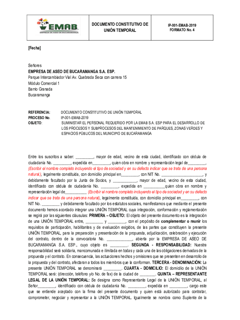 Completable En línea documento constitutivo de unin temporal Fax Email Imprimir - pdfFiller