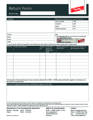 Fillable Online Return Form - DEHN Fax Email Print - pdfFiller