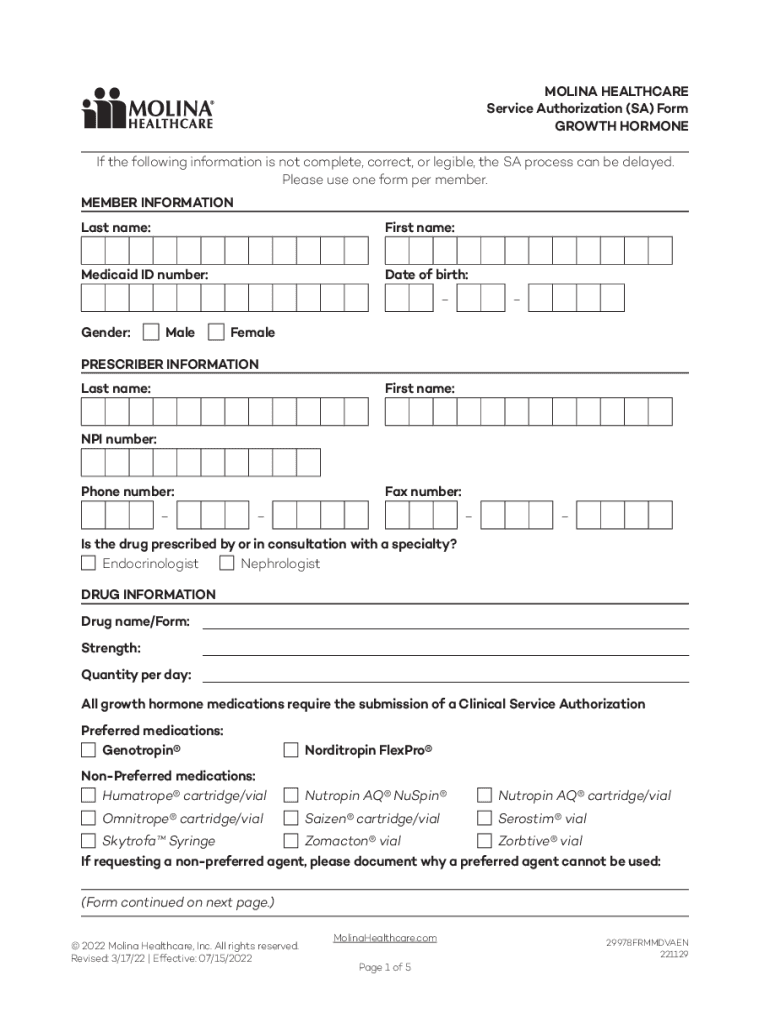 Fillable Online MOLINA HEALTHCARE Service Authorization (SA) Form ...