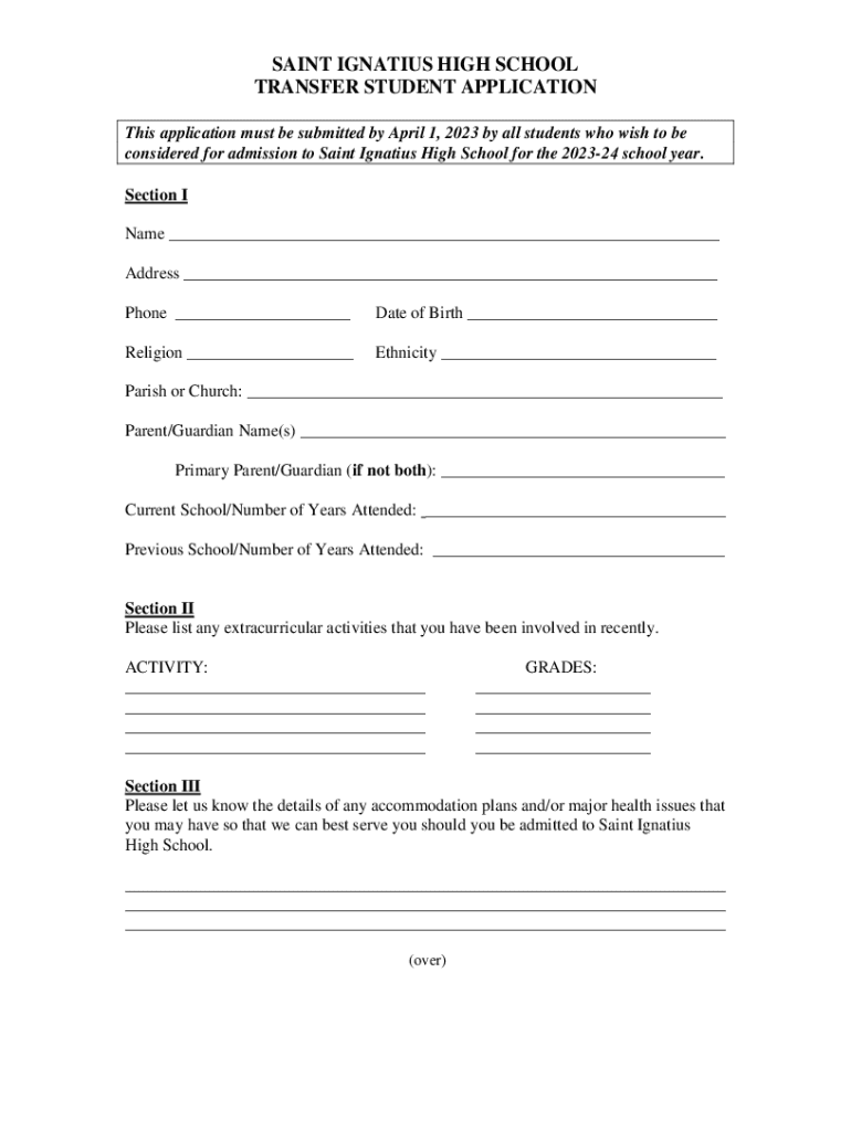 Fillable Online SAINT IGNATIUS HIGH SCHOOL TRANSFER STUDENT ... Fax ...