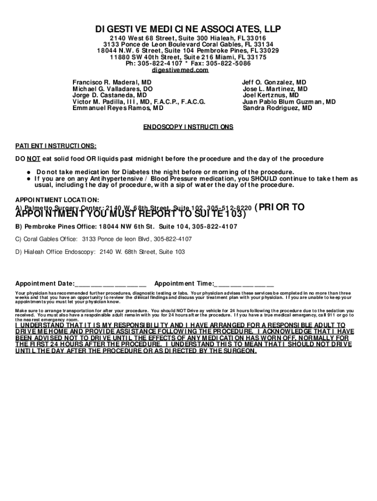 Fillable Online EGD Procedure Instruction Sheet English - NO LIQUIDS ...