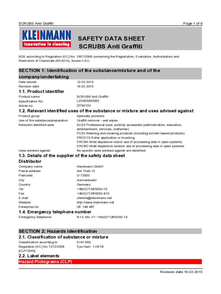 Fillable Online SAFETY DATA SHEET SCRUBS Anti Graffiti Fax Email Print - pdfFiller