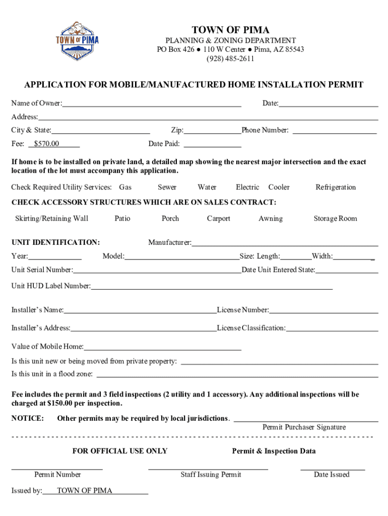 Fillable Online APPLICATION FOR MOBILE/MANUFACTURED HOME INSTALLATION PERMIT Fax Email Print ...