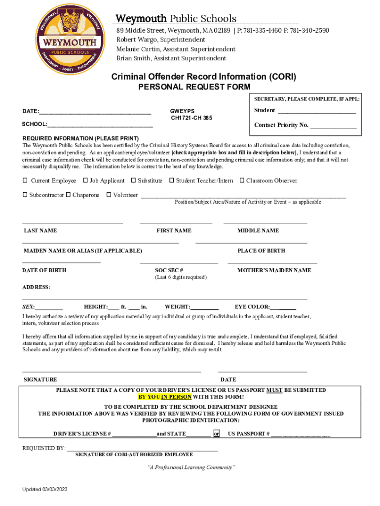 Fillable Online Weymouth Public Schools Welcomes Robert Wargo as ...