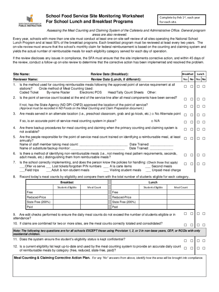 Fillable Online School Food Service Site Monitoring Worksheet Fax Email ...