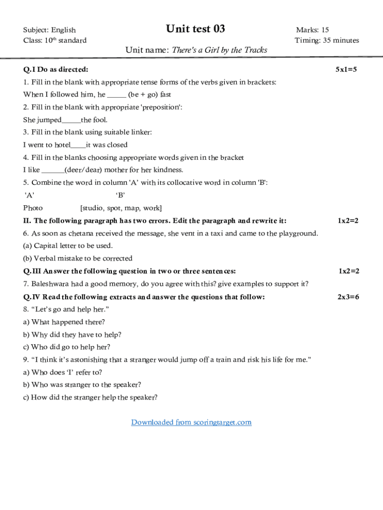 Fillable Online There's a Girl by the Tracks unit test question paper ...