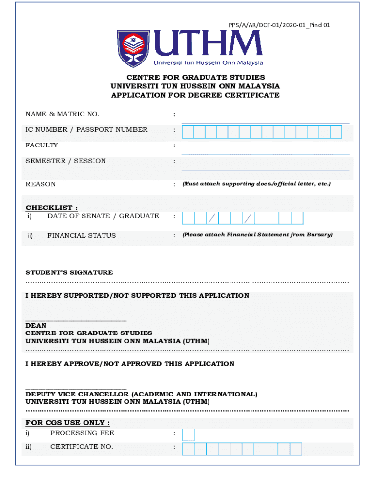 Fillable Online FOR CGS USE ONLY - Centre for Graduate Studies - UTHM ...