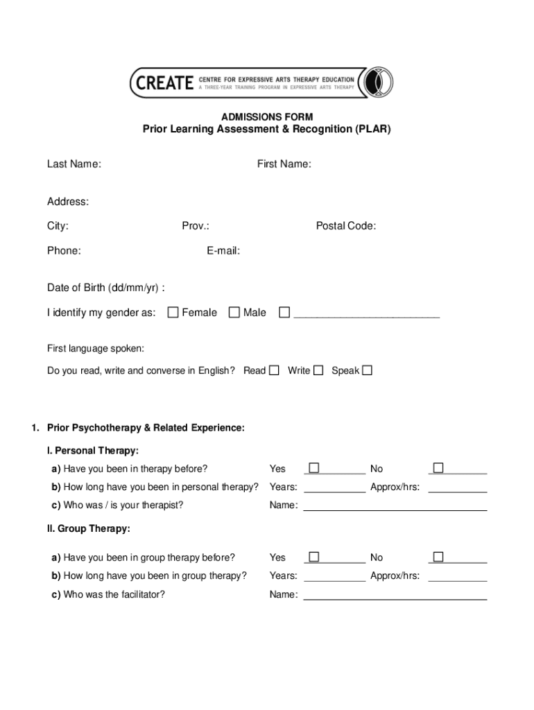 Fillable Online Prior Learning Assessment & Recognition (PLAR) Last ...