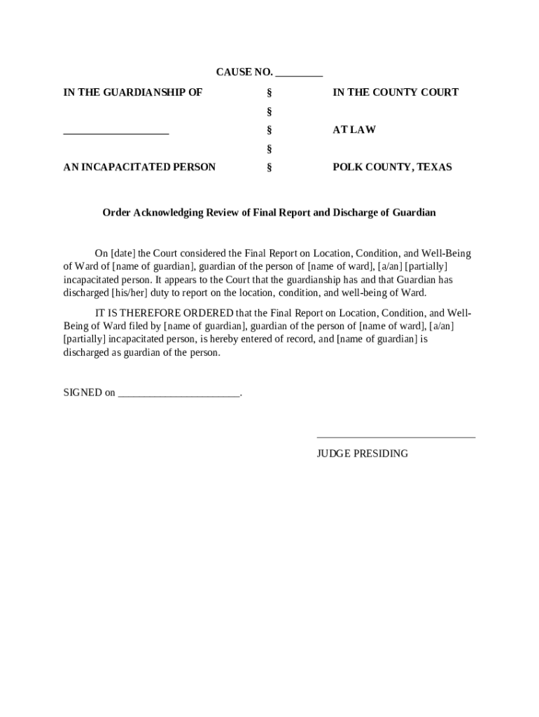 Order Approving Final Report - Polk County, Texas Doc Template | pdfFiller