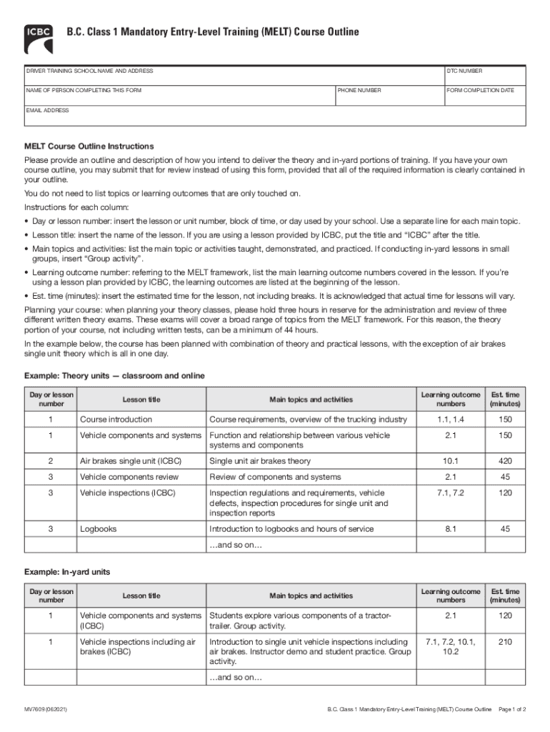 Fillable Online B.C. Class 1 Mandatory Entry-Level Training (MELT) Course Outline Form. B.C ...