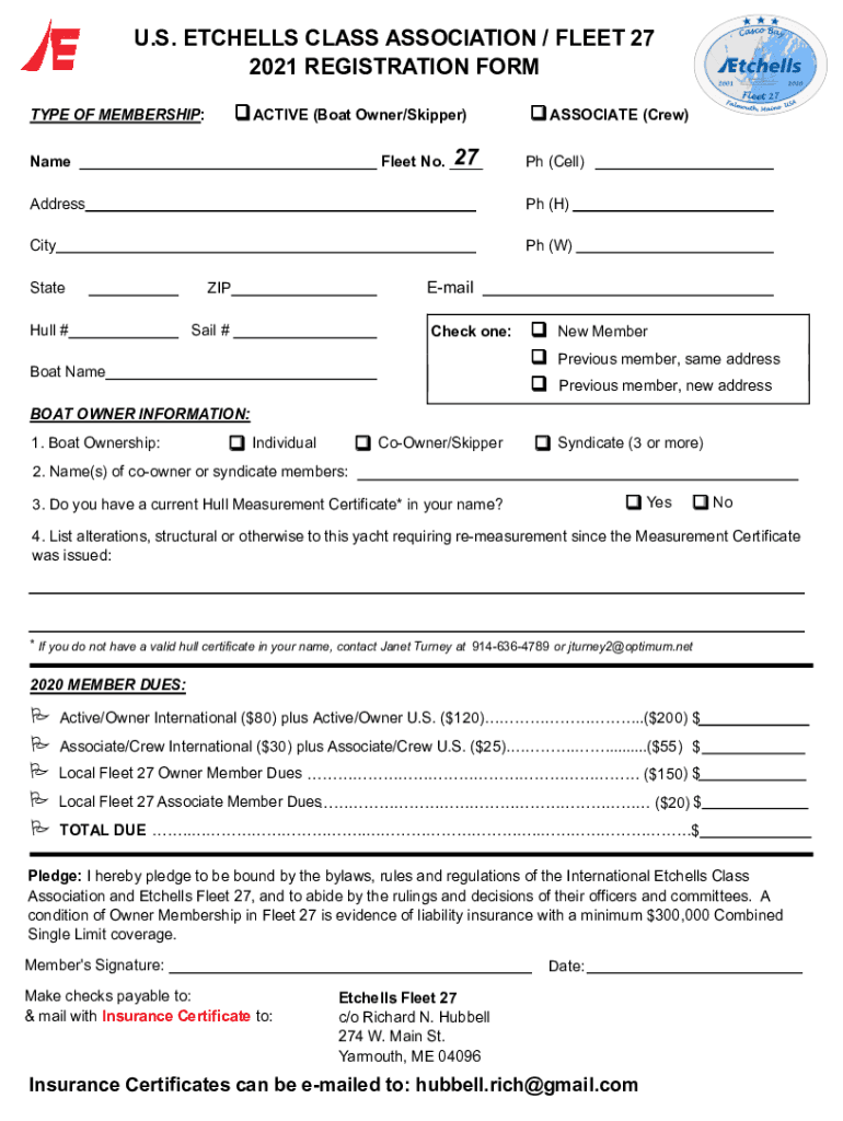 Fillable Online us etchells class association - skipper registration form Fax Email Print ...