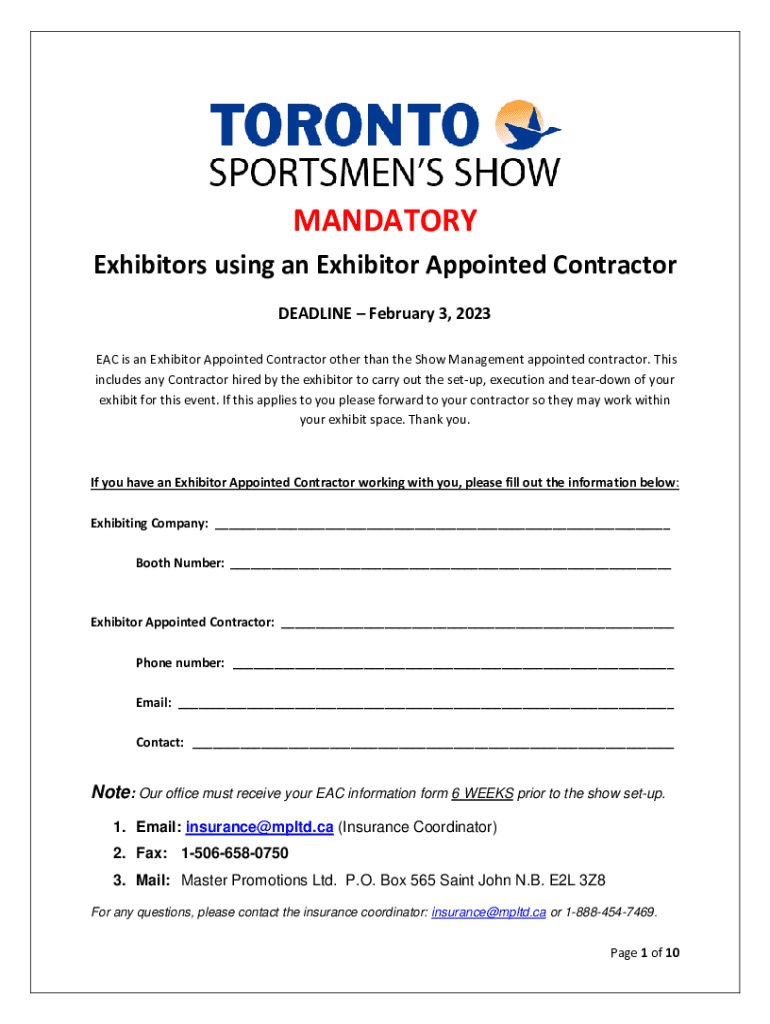 Fillable Online EAC is an Exhibitor Appointed Contractor other than the ...