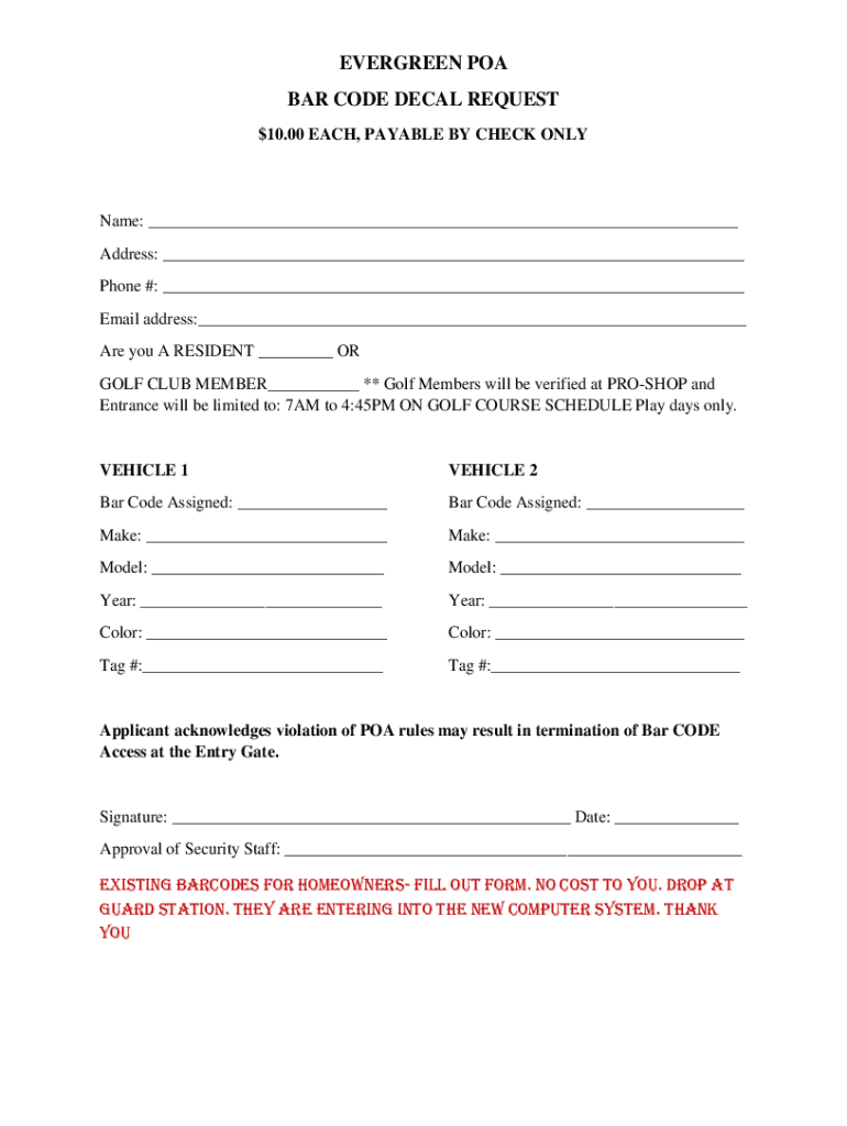 Fillable Online EVERGREEN POA BAR CODE DECAL REQUEST Fax Email Print ...