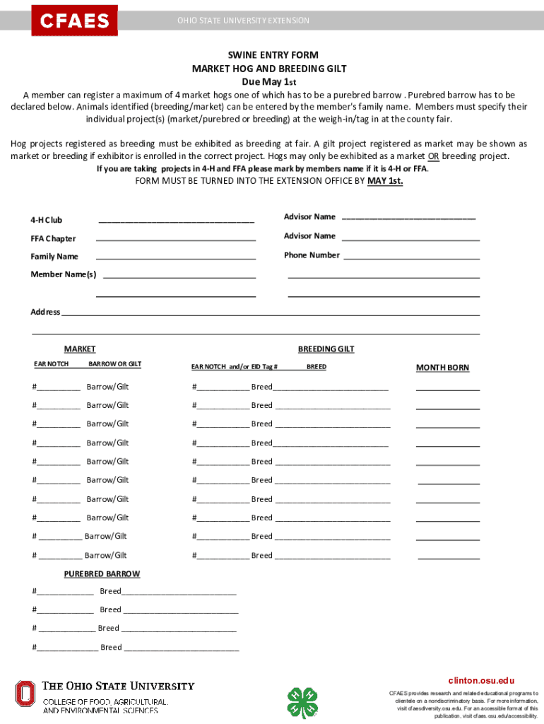 Fillable Online clinton osu SWINE ENTRY FORM MARKET HOG AND BREEDING ...