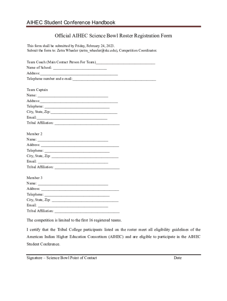 Fillable Online Official AIHEC Math Bowl Roster Registration Form Fax ...