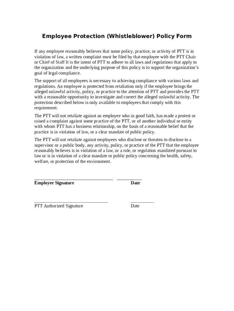 Employee Protection (Whistleblower) Policy Doc Template | pdfFiller