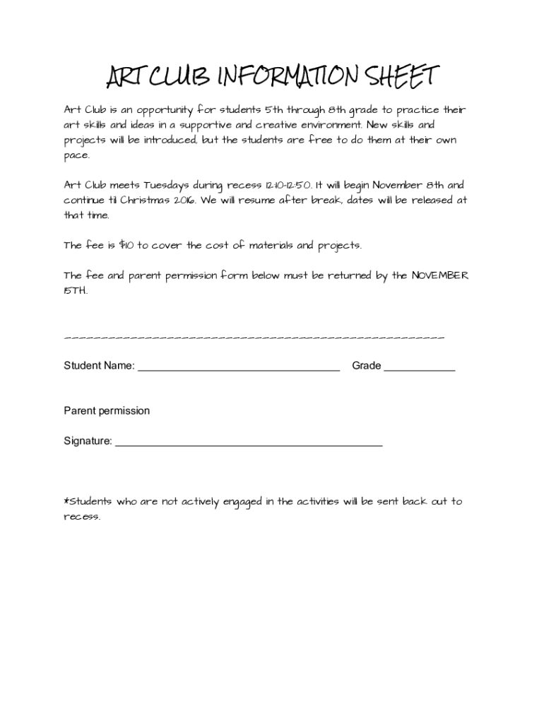 Fillable Online ART CLUB INFORMATION SHEET Fax Email Print - pdfFiller