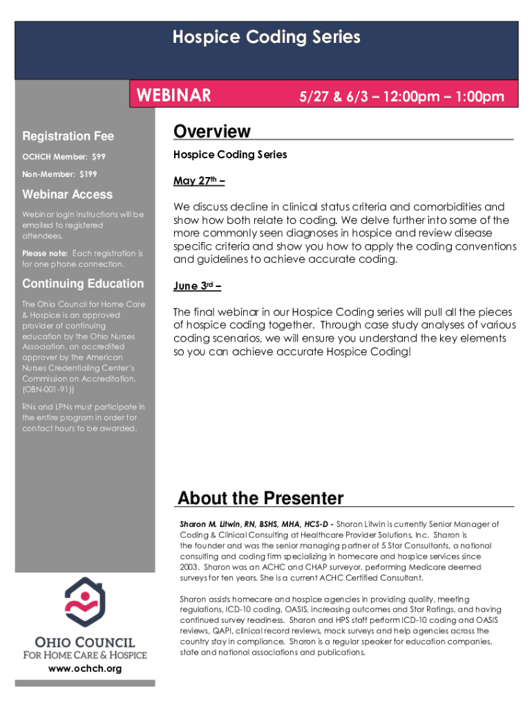 Fillable Online Hospice Coding Series WEBINAR Overview About the ...