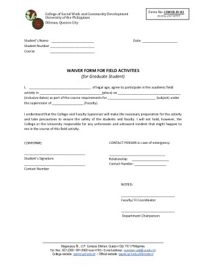 Fillable Online cswcd upd edu WAIVER FORM FOR FIELD ACTIVITIES (for ...