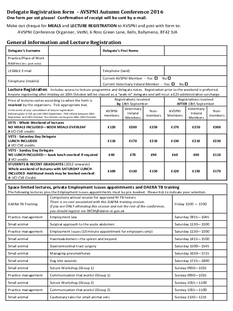 Fillable Online Delegate Registration form - AVSPNI Autumn Conference ...