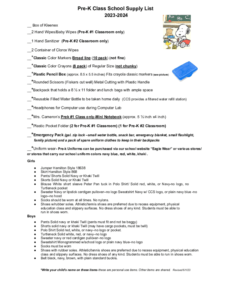 Fillable Online Pre-K Class School Supply List 2023-2024 Fax Email ...