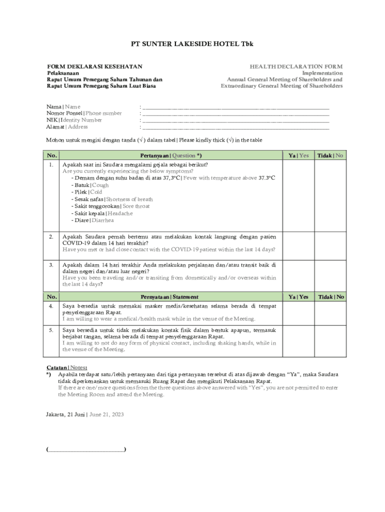 Fillable Online FORM DEKLARASI KESEHATAN / HEALTH DECLARATION ... Fax ...