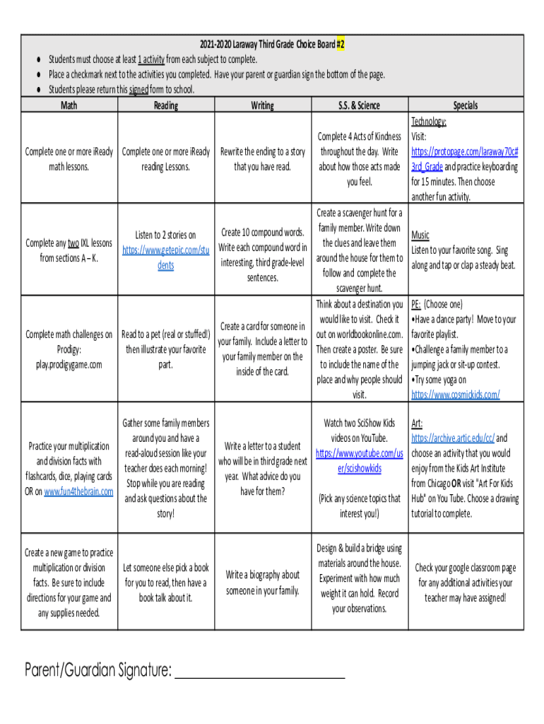 Completable En línea Choice Board & Activity Instruction & Rubric Fax ...